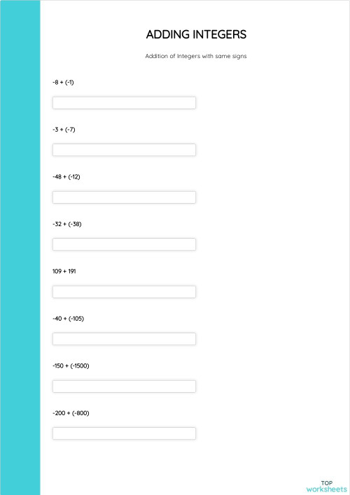 ADDING INTEGERS. Interactive worksheet | TopWorksheets