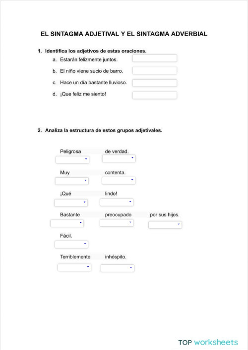 El sintagma adjetival y el sintagma adverbial. Ficha interactiva ...