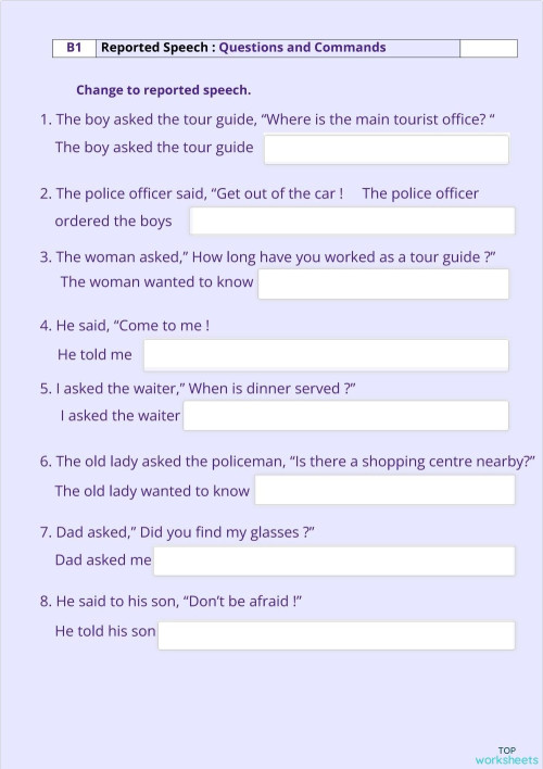 Reported Speech Questions and Commands B1. Interactive worksheet | TopWorksheets