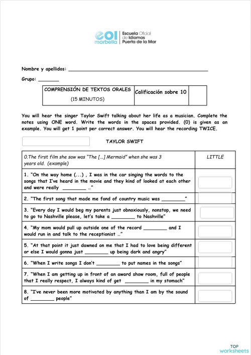 COMTO- Taylor Swift. Interactive worksheet | TopWorksheets