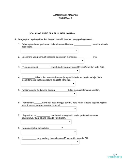 Ujian Bahasa Malaysia Tingkatan 1 Interactive Worksheet Topworksheets