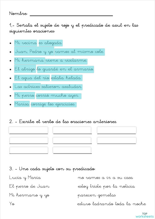 Ficha sujeto-predicado. Ficha interactiva | TopWorksheets