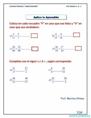 Fracciones - Mayor o menor qué. Ficha interactiva | TopWorksheets