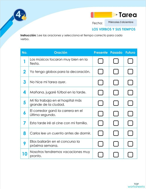 Tiempo Verbal / Los verbos y sus tiempos. Ficha interactiva | TopWorksheets