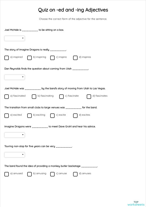 Quiz of -ed and -ing Adjectives. Interactive worksheet | TopWorksheets
