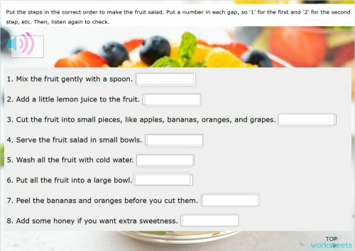 Fruit A2 Fruit Salad Listening. Interactive worksheet | TopWorksheets