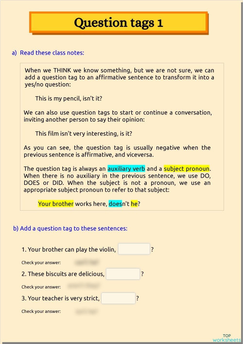 Question tags: interactive worksheets and online exercises | TopWorksheets