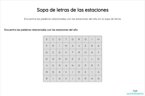 Sopa de letras de las estaciones. Ficha interactiva | TopWorksheets