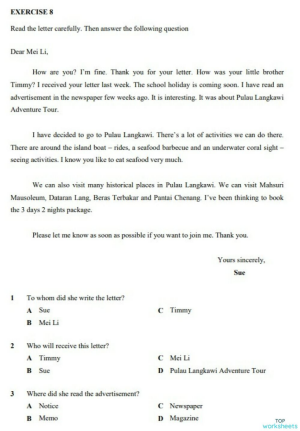 English Comprehension Test 3. Interactive worksheet | TopWorksheets