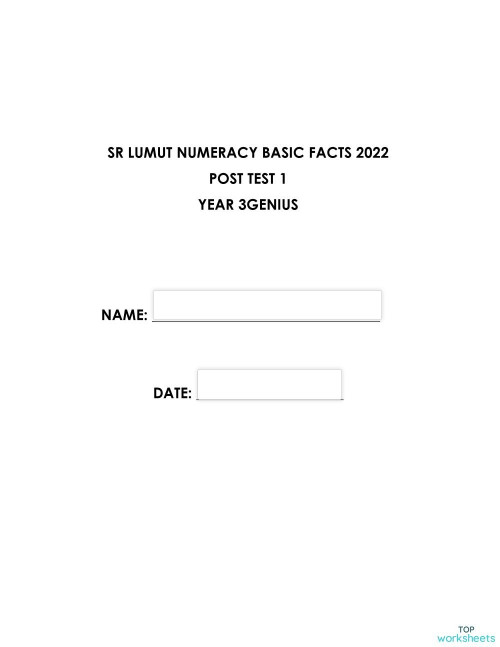 Year 3 Numeracy Basic Facts Post Test 1. Interactive worksheet ...