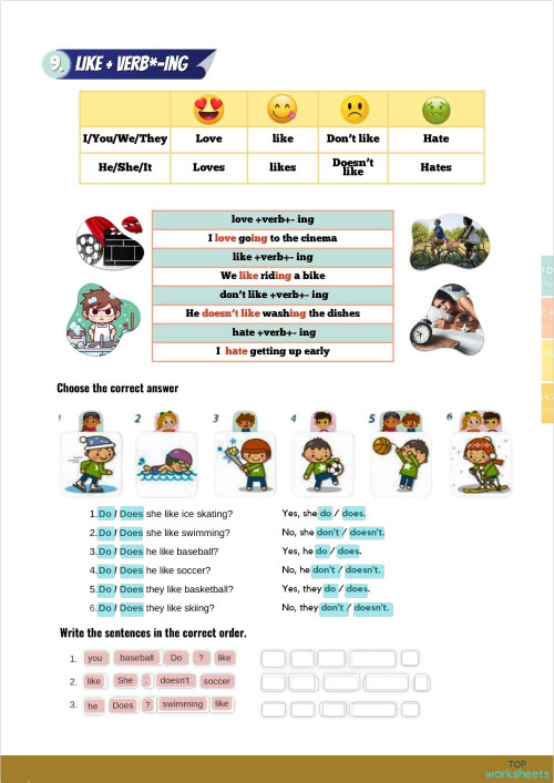III Term 7.6 Like +verb+ing. Interactive worksheet | TopWorksheets