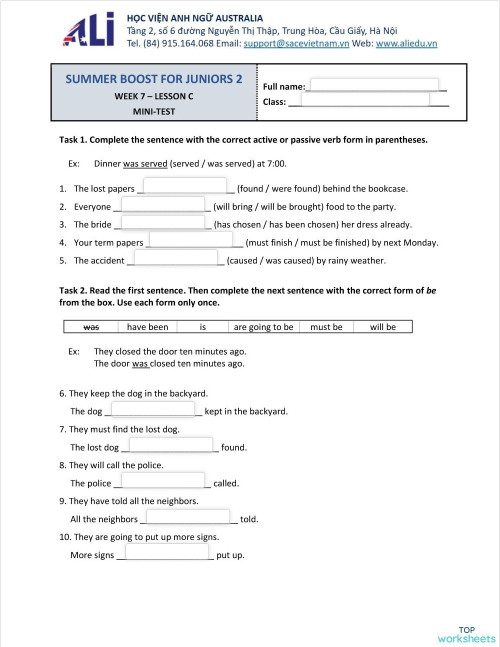 SBJ_W7_Lesson C_Mini-test. Interactive worksheet | TopWorksheets