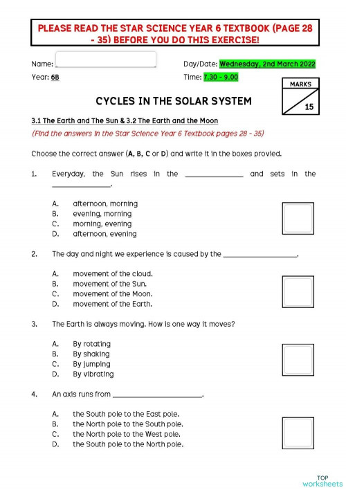 6B Cycles in the Solar System 1. Interactive worksheet | TopWorksheets