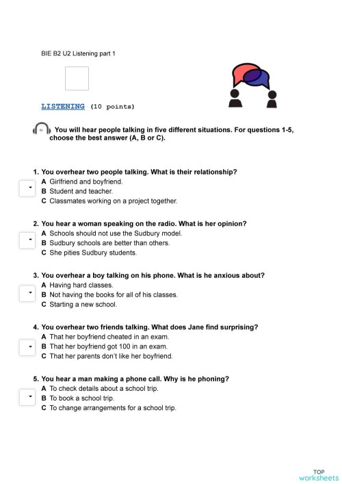 B2 BIE U2 LIstening part 1. Interactive worksheet | TopWorksheets