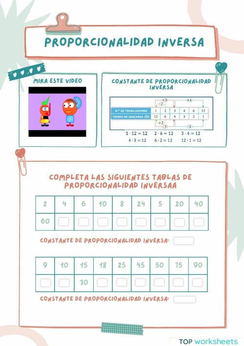 Proporcionalidad Inversa. Ficha interactiva | TopWorksheets