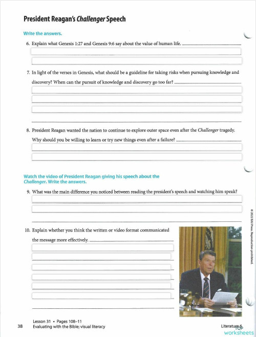 Lesson 31: President Reagan's Challenger Speech. Interactive worksheet ...
