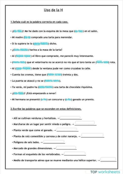 Ortografía de la h. Ficha interactiva | TopWorksheets