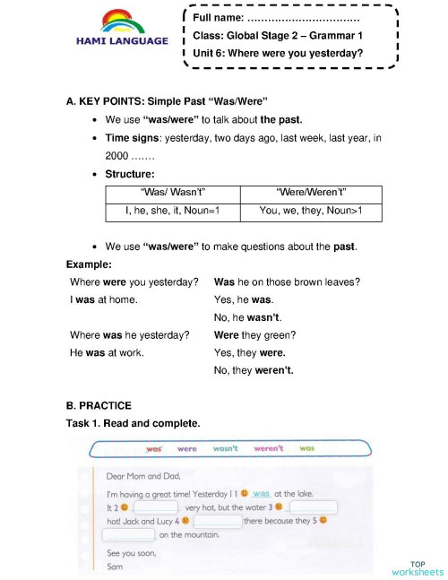 ESL04_Unit 9.1: Where wer you yesterday? (Grammar 1). Interactive ...