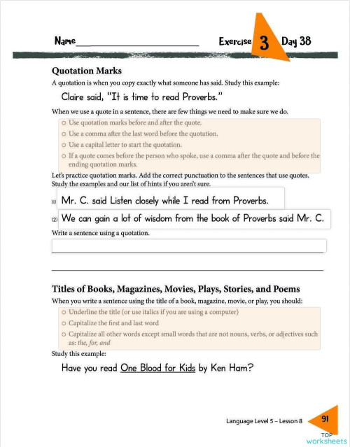 Lesson 8: Quotation Marks Pg 91-92 Ex 3. Interactive worksheet ...