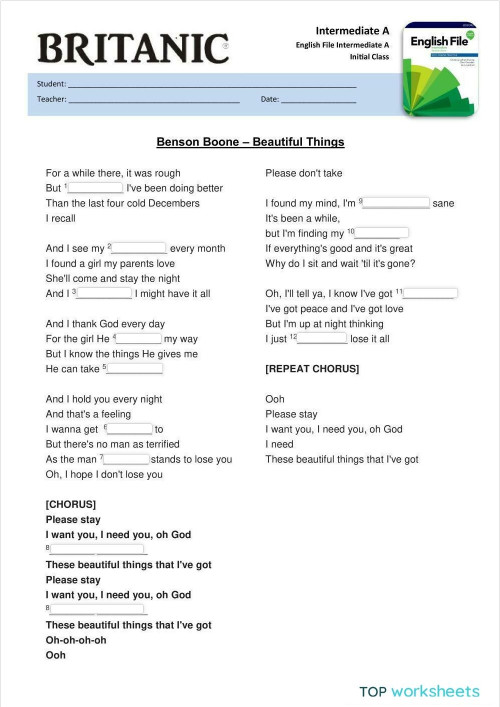 Benson Boone Beautiful Things Interactive Worksheet Topworksheets