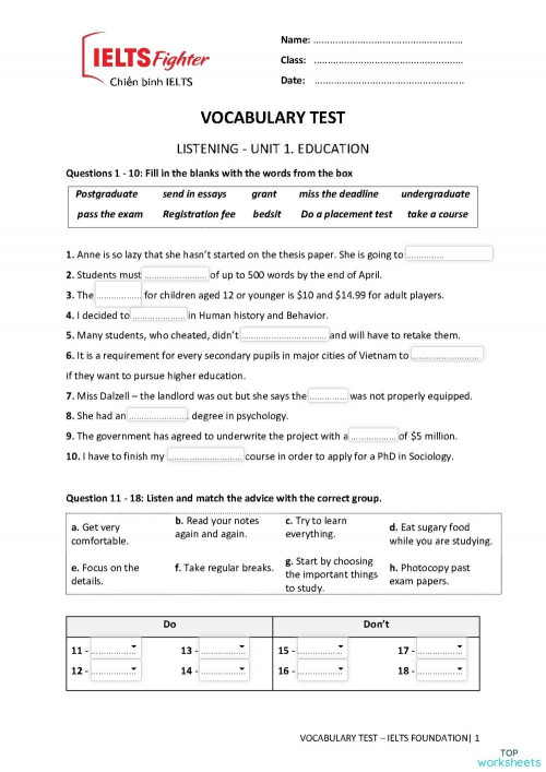 Vocabulary 2. Interactive worksheet | TopWorksheets