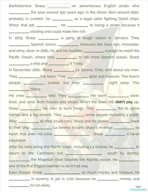 Sharpy, the pirate B1 Fill in the blanks. Past tense + gerunds ...