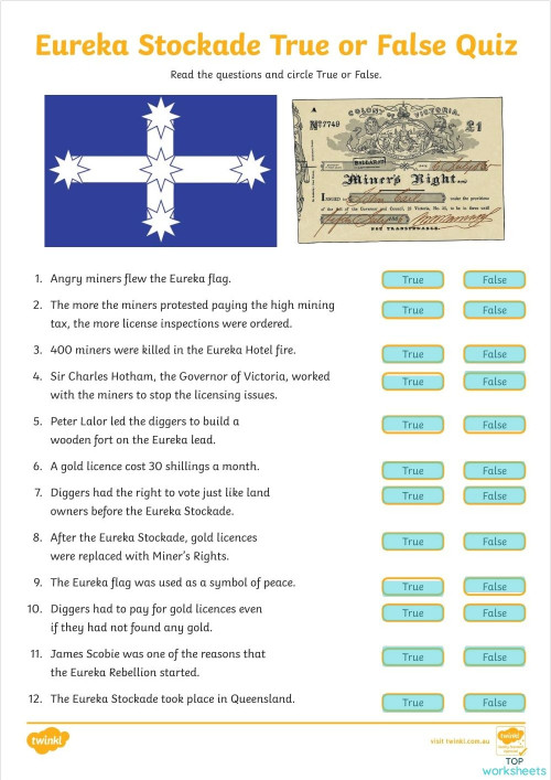 Eureka Stockade True or False Quiz. Interactive worksheet | TopWorksheets