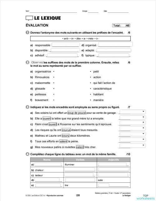 FR-Écriture-Lexique_test. Fiche interactive | TopWorksheets