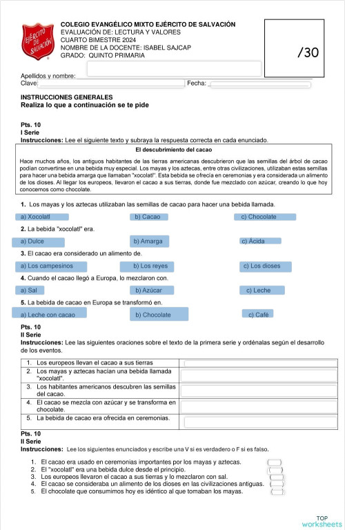 Examen de Lectura. Ficha interactiva | TopWorksheets