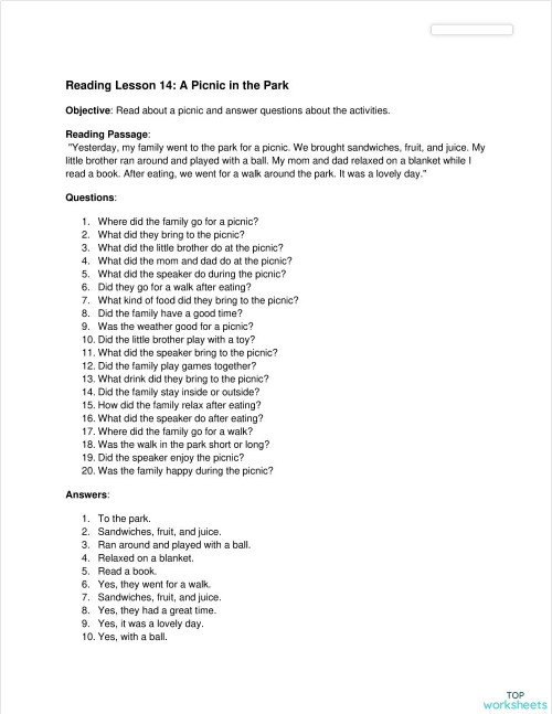 A picnic in the park. Interactive worksheet | TopWorksheets