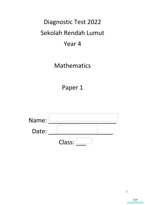 Maths Diagnostic Test Paper 1 (2022) Y4GENIUS (NEW). Interactive ...