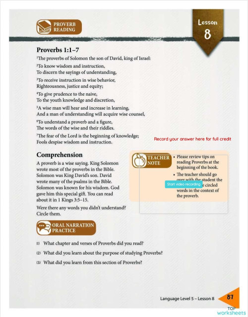 Lesson 8: Proverb Reading Pg 87. Interactive worksheet | TopWorksheets