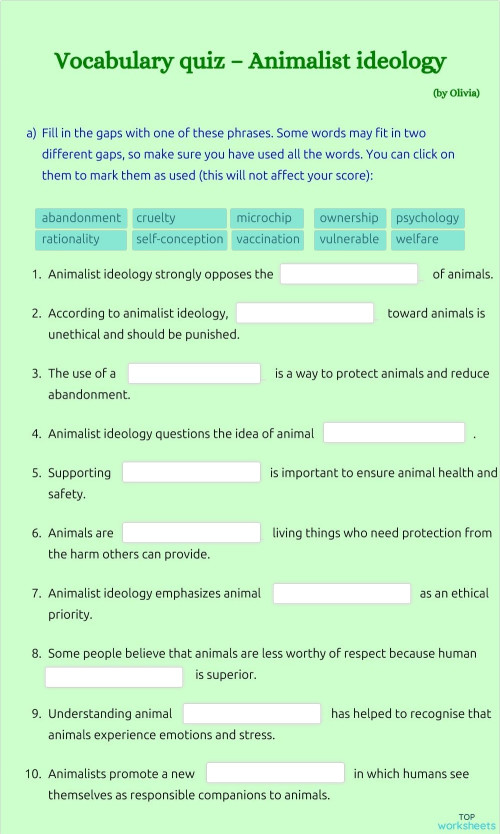 Vocabulary quiz – Animalist ideology by Olivia. Interactive worksheet ...