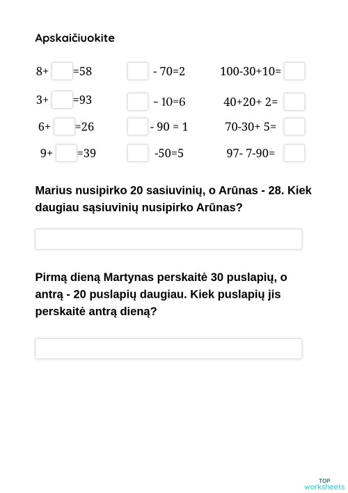 Sudėties ir atimties veiksmai iki 100. Interactive worksheet | TopWorksheets