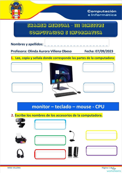 Examen INFORMATICA PRIMARIA-IIIB. Ficha interactiva | TopWorksheets