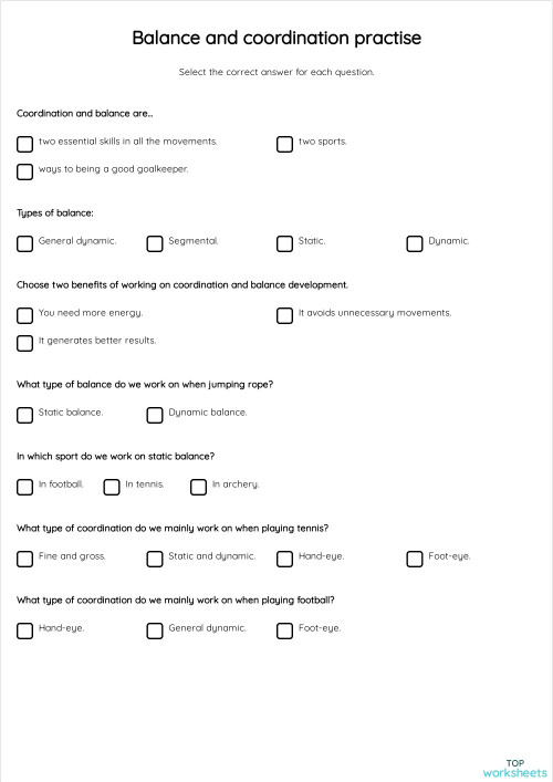 Balance and coordination practise. Interactive worksheet | TopWorksheets