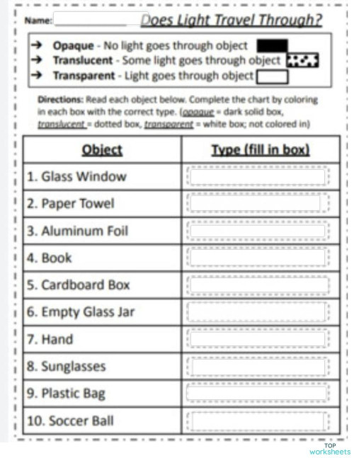 Does Light Travel Through?. Interactive worksheet | TopWorksheets