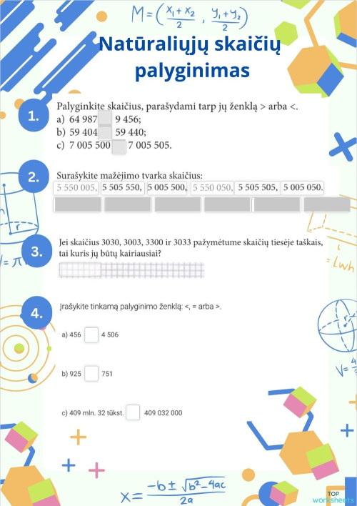 Natūraliųjų skaičių palyginimas. Interactive worksheet | TopWorksheets