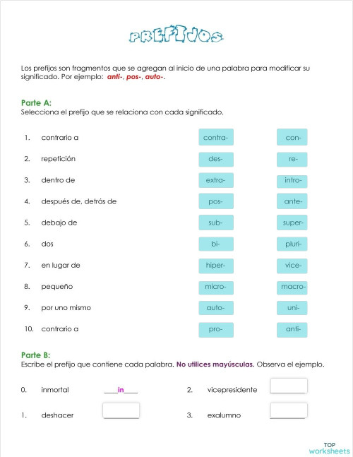 Los prefijos. Ficha interactiva | TopWorksheets