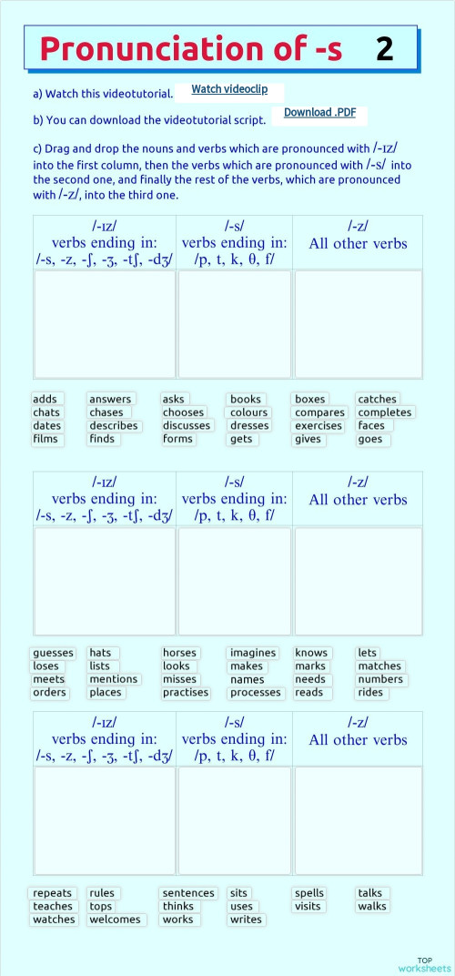 Pronunciation of -s 2. Interactive worksheet | TopWorksheets