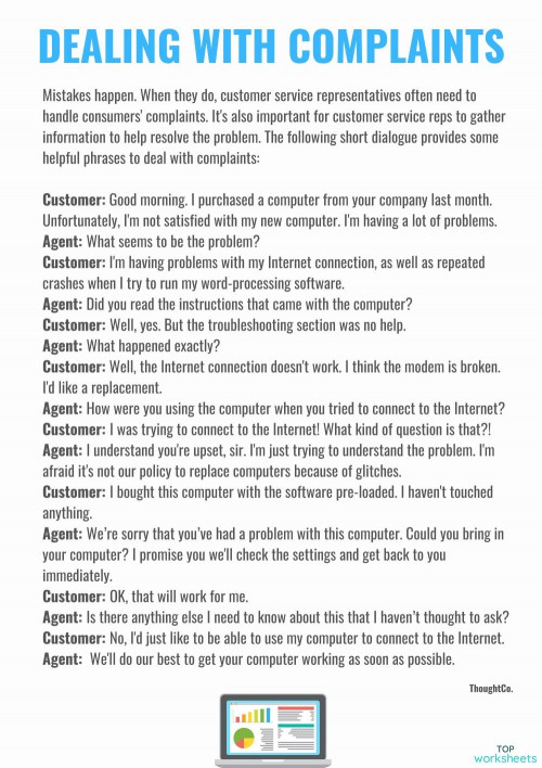 Reading Comprehension / Customer Service. Interactive worksheet ...