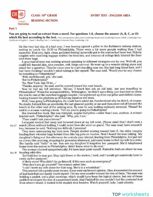 Entry Test - Reading Compr. (Grade 10). Interactive worksheet ...