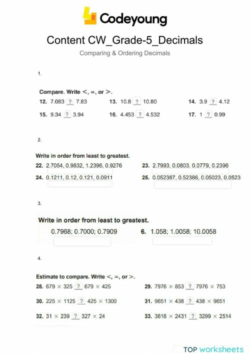 Content CW-Comparing & Ordering Decimals. Interactive worksheet ...