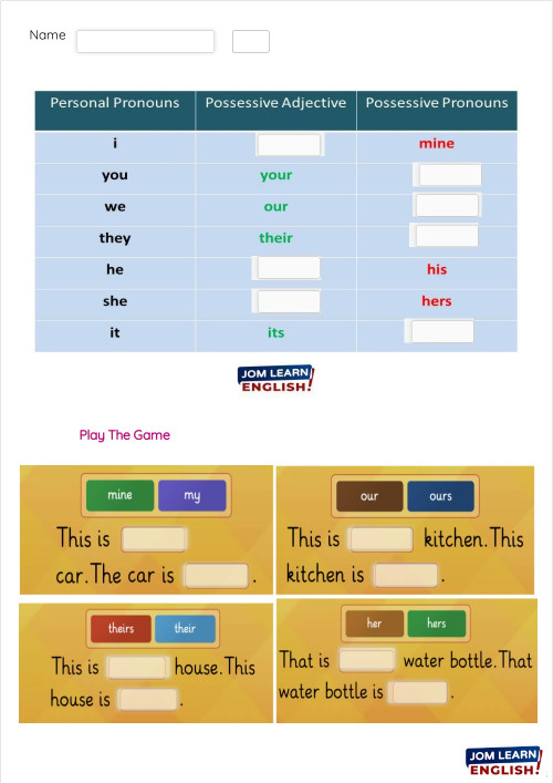 Possessive Adjective + Possessive Pronouns. Interactive worksheet ...