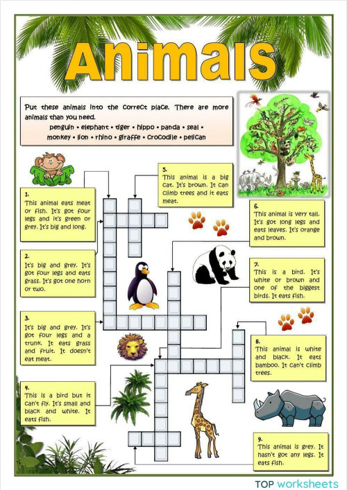 Animal crosswords. Interactive worksheet | TopWorksheets