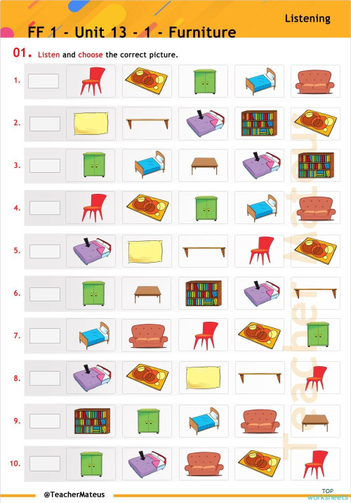 FF 1 - Unit 13 - 01 - Furniture - Listening. Interactive worksheet ...
