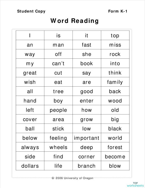 Word Reading Fluency - Grade 1. Interactive worksheet | TopWorksheets