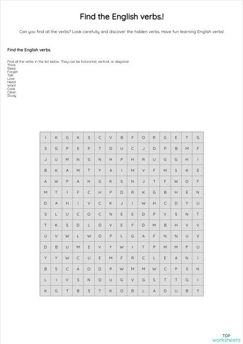 Find the English verbs.!. Interactive worksheet | TopWorksheets
