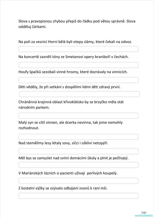 Čeština: interaktivní pracovní listy a online cvičení | TopWorksheets