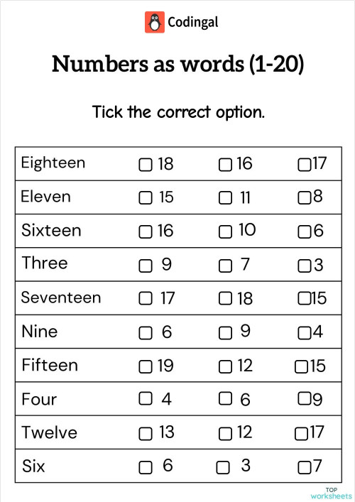 M_G01M01L02_WC02_Tick the correct number names upto 20. Interactive ...